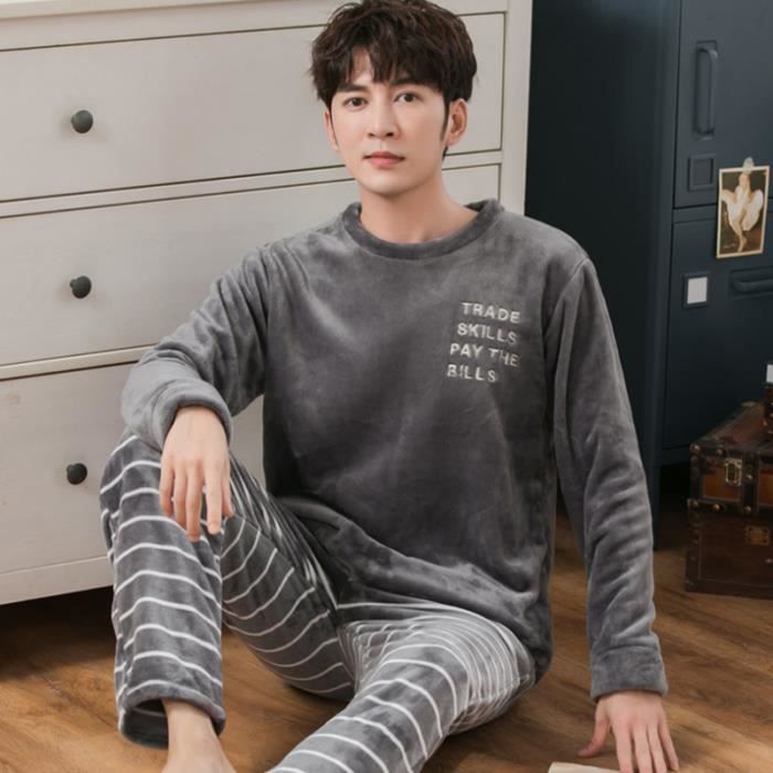 Pyjamas pour hommes,Pyjama en velours corail à manches longues pour ...