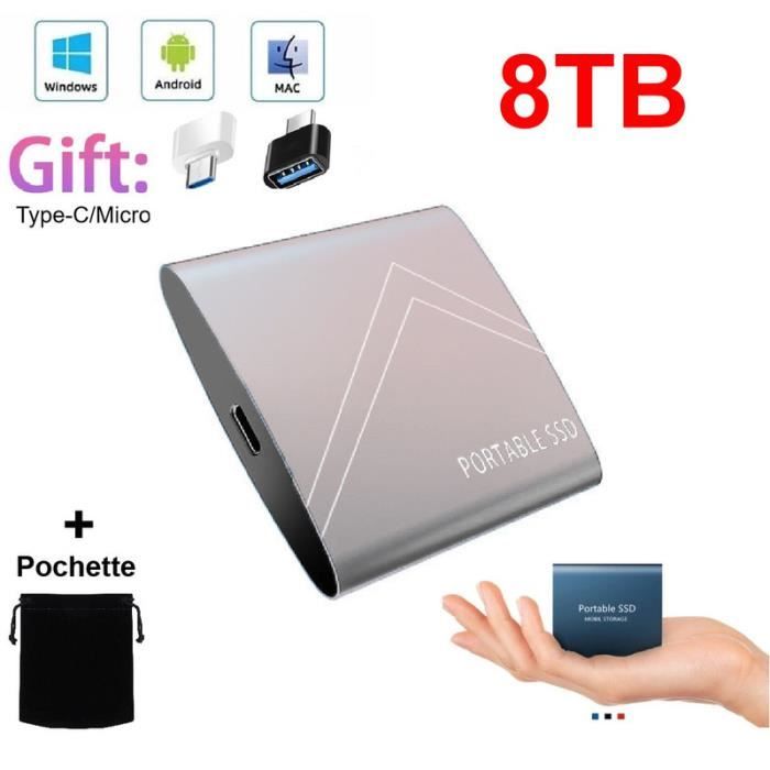 Disque Dur Externe Portable SSD HDD 8TB 8To Argent avec OTG Type-C ...