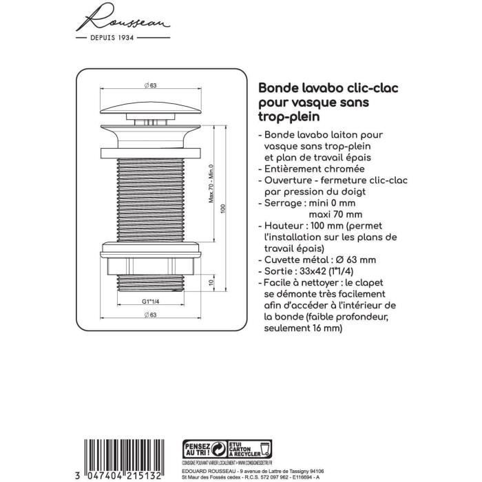 Edouard Rousseau Bonde de Lavabo Clic-Clac,diam. 63 mm,certifié NF,sans ...