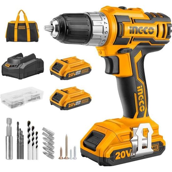 INGCO Perceuse Visseuse sans Fil,Capacité du mandrin: 0,8-10 mm,avec sac en toile,47 pièces ...