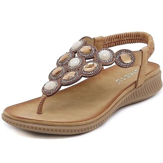 Sandales Plates Femme Eté T-Strap Chaussures Bohême Strass Pantoufles ...