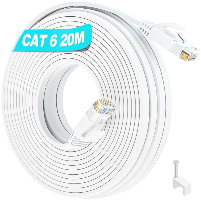 Câble Ethernet 20M Cat 6, Cable Rj45 20M Plat Blanc Câble Réseau ...