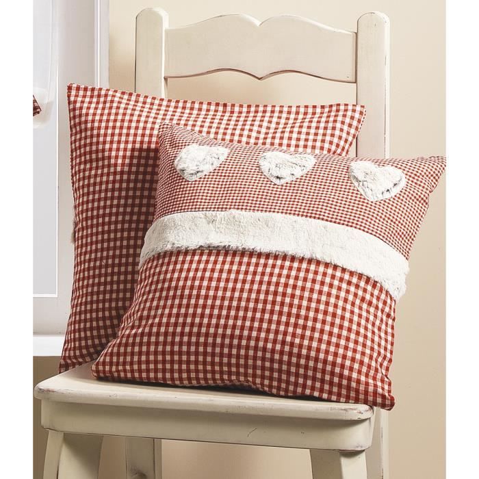 Coussin vichy avec applique fausse fourrure Rou… - Cdiscount Maison