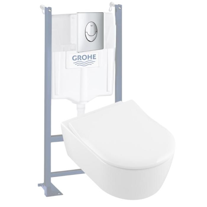 Pack WC suspendu sans bride VILLEROY ET BOCH Avento + abattant + plaque chromée + bâti Grohe ...