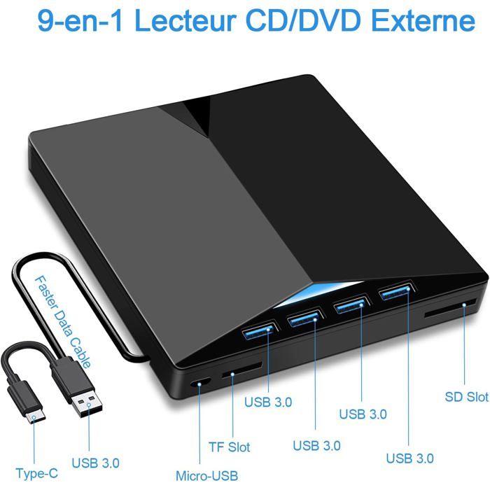 Lecteur CD/DVD Externe pour PC, USB 3.0 Mince Portable Graveur ...