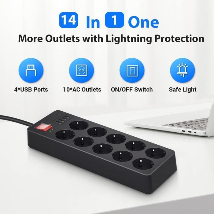 Multiprise USB avec 10 Prises, Multiprise Électrique (4000W- 16A) avec ...