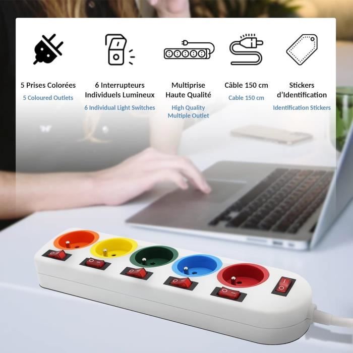 Multiprises Electriques 5 Prises Couleur - Bloc Multiprise Couleur ...