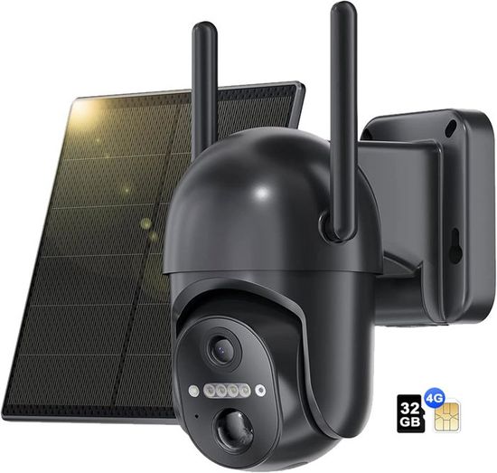 4G LTE Caméra Surveillance Extérieure sans Fil, 2K Camera Solaire avec Carte SIM & Carte Mémoire ...