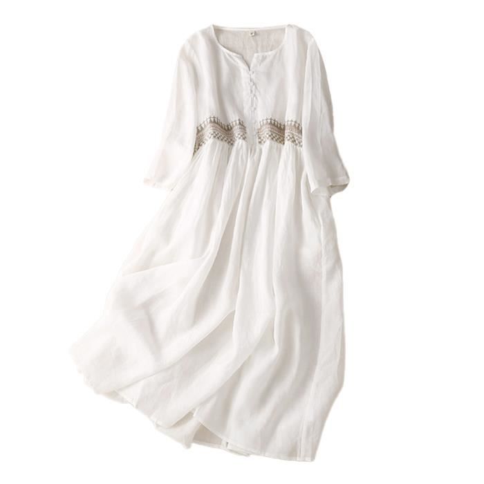 Robe Longue en Lin Élégante Maxi Robe Col Rond Robe D'été Coton Lin ...