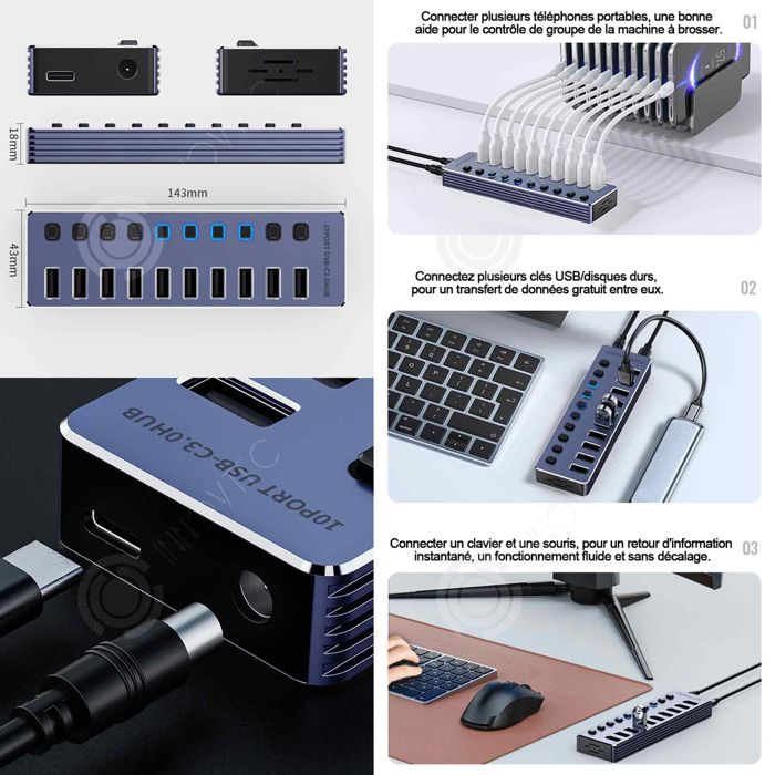 INN Multiprise electrique 10 ports USB 3.0 prises a poser ou à fixer ...