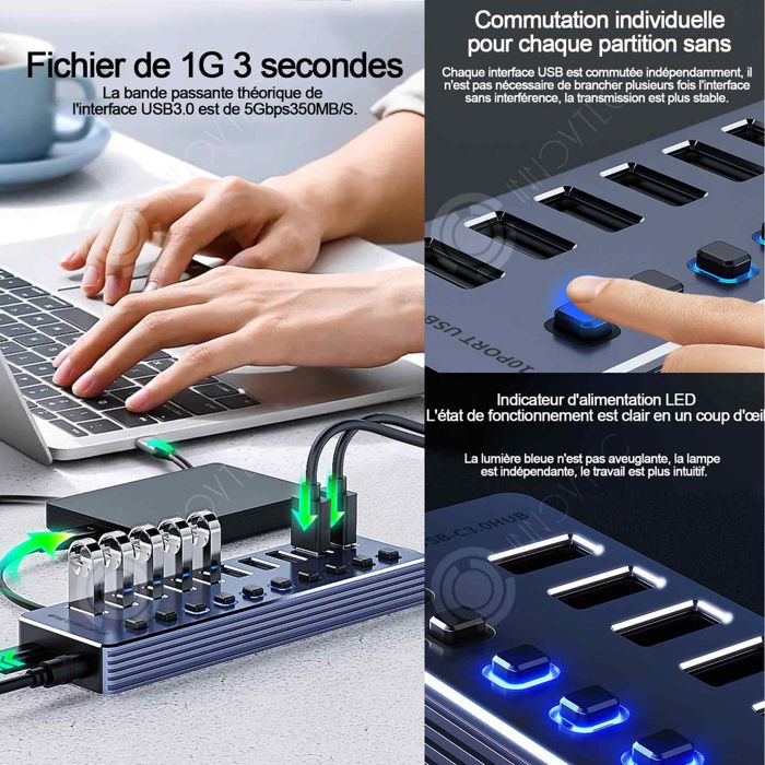 INN Multiprise electrique 10 ports USB 3.0 prises a poser ou à fixer ...