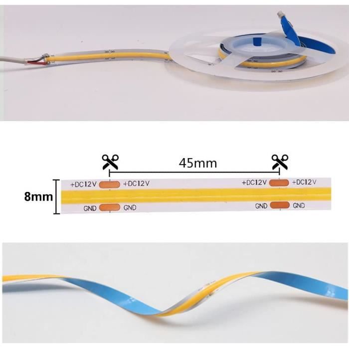 Bande LED COB 3 m,DC 12 V 384 LED-m,flexible,pour l'intérieur,non étanche,blanc froid,pour ...