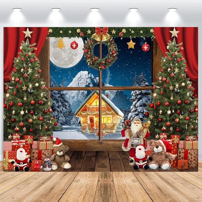 Toile de Fond de Noël 3x2,5m, Fenêtre scène de Neige Paillettes cabane ...