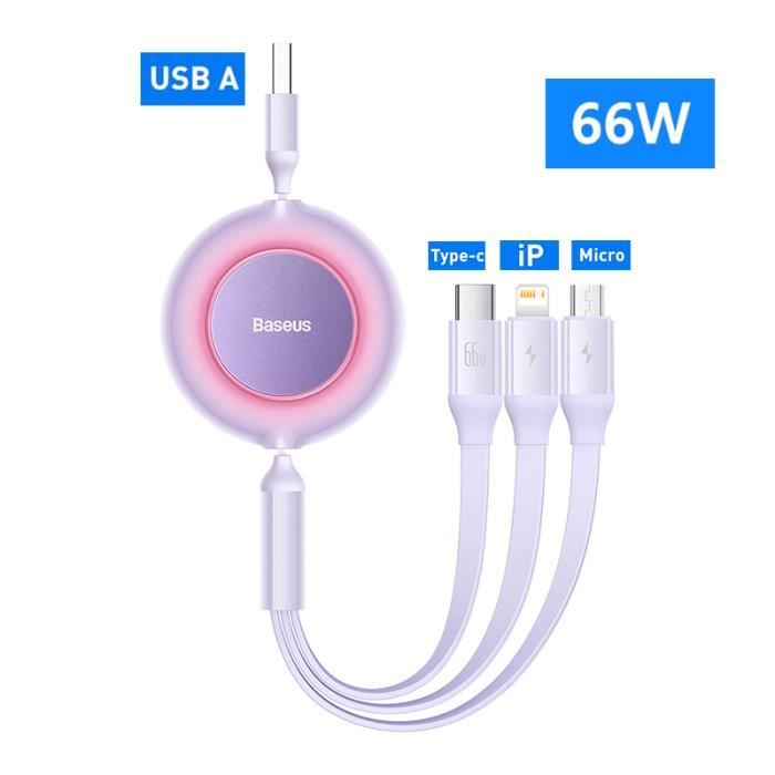 Baseus – Câble De Charge Rétractable 3 En 1 Usb Type C 100w/66w, Pour Macbook, Samsung, Xiaomi ...