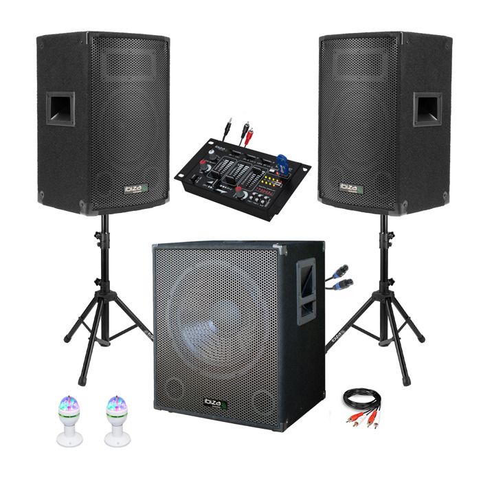 PACK SONO MIXAGE DJ 1400W avec 1 CAISSON + 2 ENCENTES + PIEDS + CABLES ...