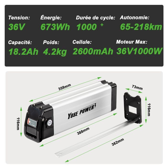 YOSE POWER SilverFish XH370 Batterie Vélo électrique 36V 18,2Ah(673Wh ...