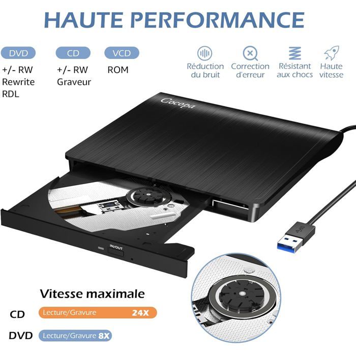 Lecteur CD/DVD Externe pour PC, USB 3.0 Graveur Enregistreur Portable ...