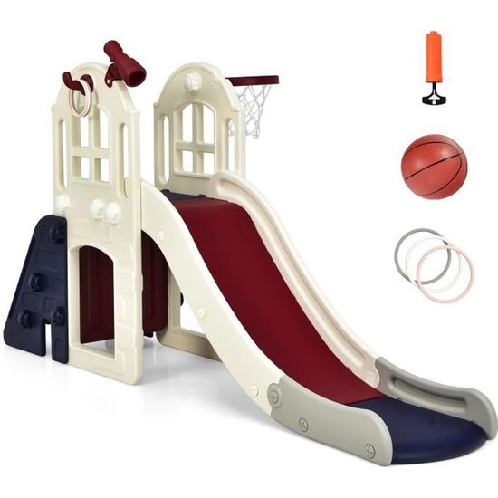 DREAMADE Toboggan Enfant 6 en 1 Glisse de 140CM avec Escalade Panier de Basket, Jeu plain Air ...