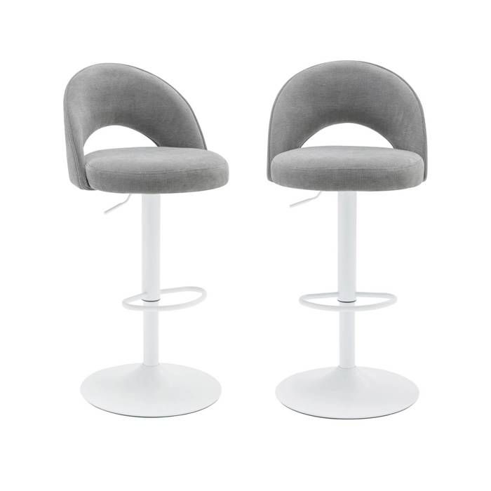 Lot de deux tabourets de bar ajustables métal et tissu gris clair. pied ...