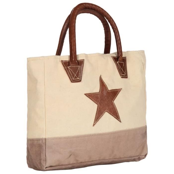Sac a provisions Beige 32x10x37,5 cm Toile et cuir véritable - SAC A ...