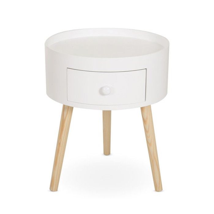 Table de chevet - DOLLY - Ronde - Blanc - MDF et bois massif - Style ...