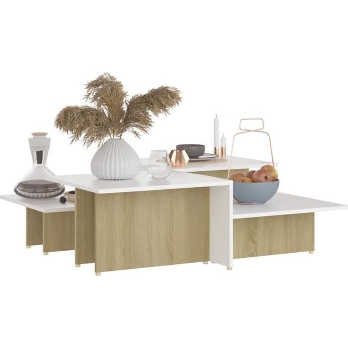 SWT Tables basses 2 pcs Blanc/chêne sonoma 111,5x50x33 cm Aggloméré ...