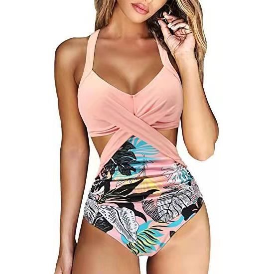 Ecelen Femme Maillot De Bain Une Pièce Sheer Mesh Col V Wrap Bandeau