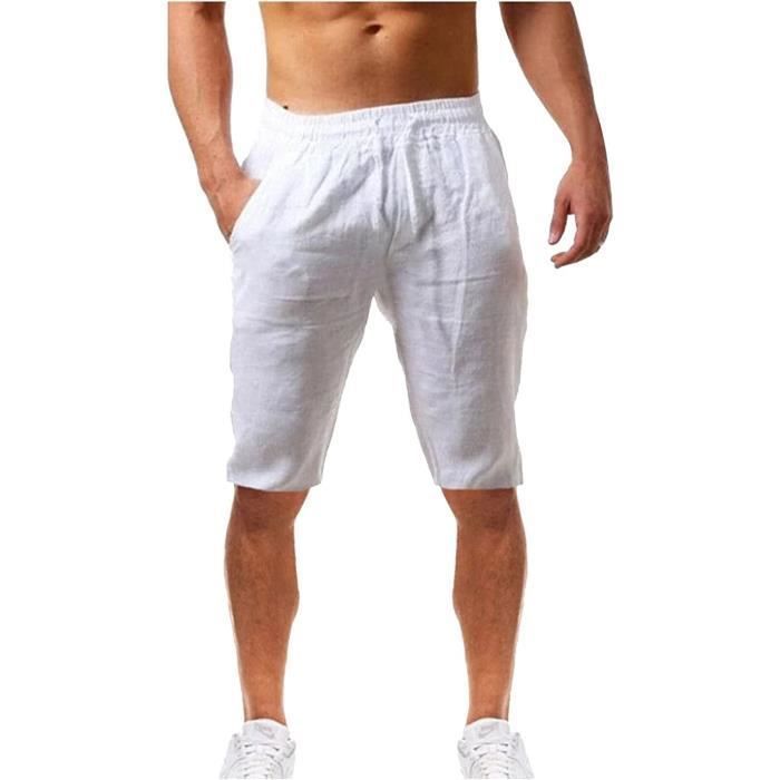 Short en Lin Homme - Léger Casual Slim Fit avec Poche Été Plage Blanc ...