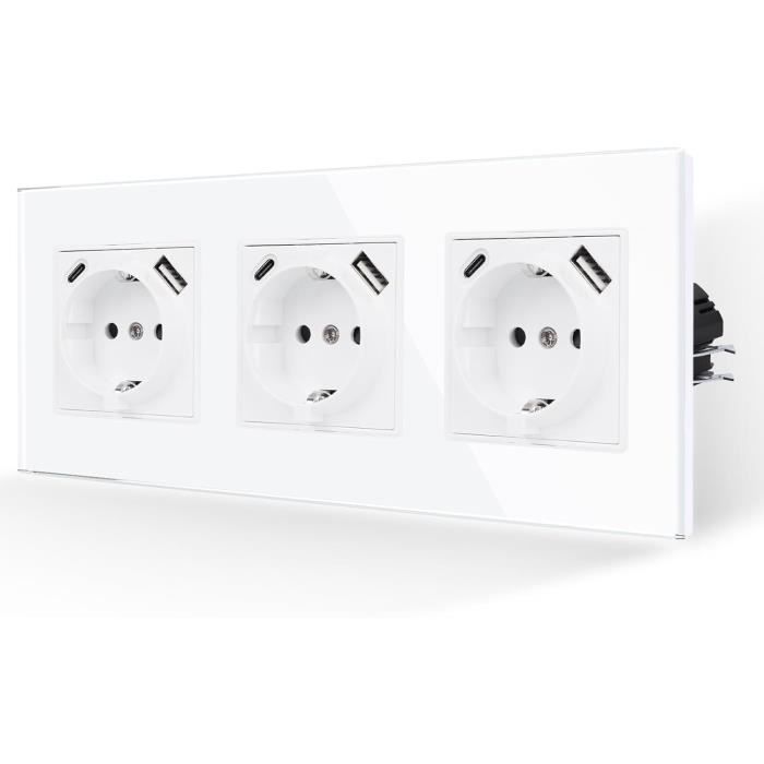 Prise 3 Prises Avec Usb En Blanc - Prise En Verre 16 A Avec Port Usb Et ...