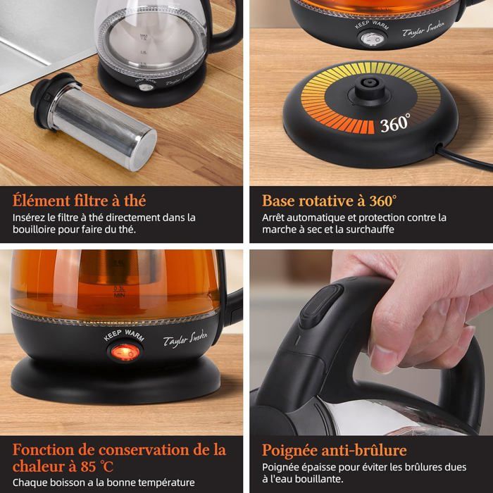 Taylor Swoden Abel - Bouilloire en verre 0% BPA de 1L et 2200W, Bouilloire électrique avec ...