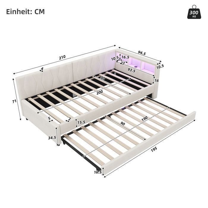 Lit Simple Lit de repos 90x200 cm -Canap-lit avec rangement, USB/Type C ...