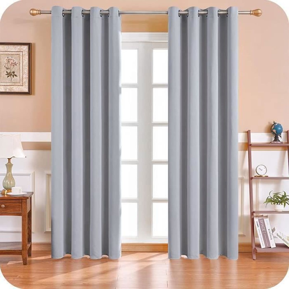Rideau Gris Clair Occultant 132x305 cm A Oeillets Rideau Thermique ...
