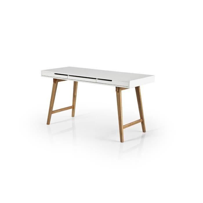 Bureau blanc mat avec pietement en bois massif - L120 x H78 x P40 cm ...