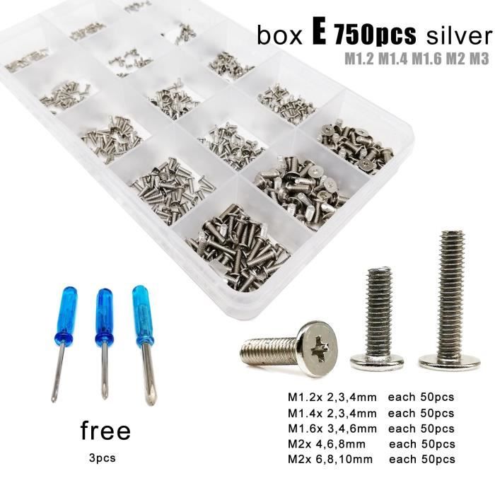 Box E 750pcs silver -Kit d'assortiment de boulons à vis cruciformes en acier, 500-750 pièces, M1 ...