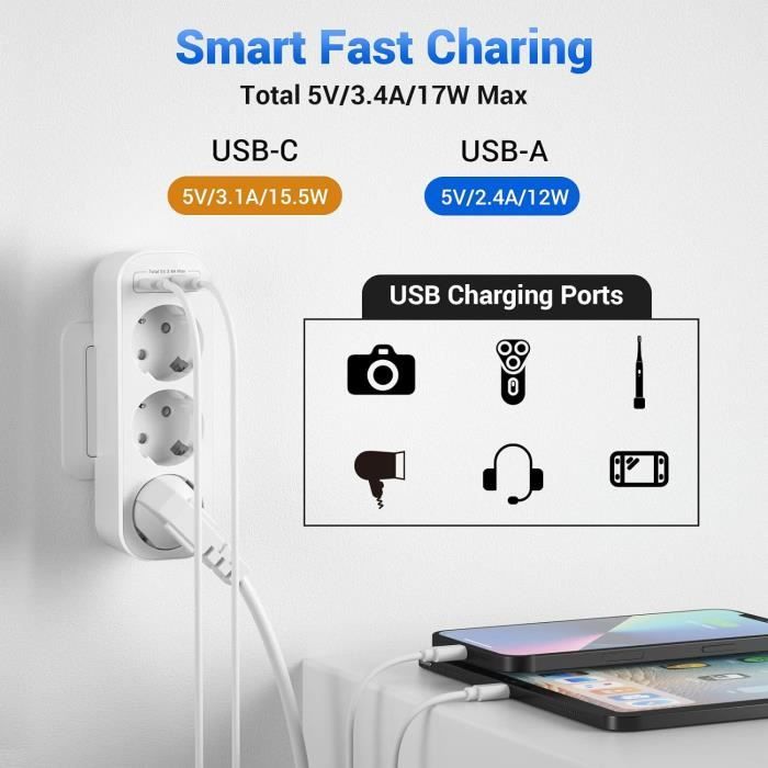 Prise Usb C, Multiple Adaptateur Murale 3 Prises Électriques Frontales ...