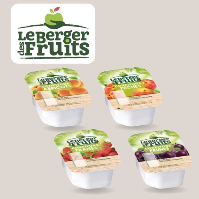 144 barquettes de confiture assortie : prune, pêche, abricot et fraise ...