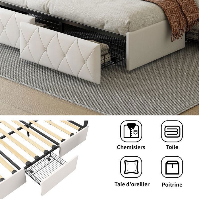 Lit double capitonné 140 x 200cm Eclairage LED et 4 tiroirs - Lit 2 ...