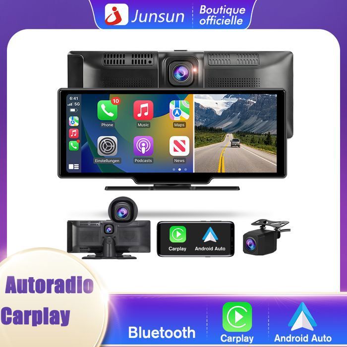 Junsun 10.1" HD Écran Tactile Autoradio Carplay Caméra voiture 4K+1080P ...