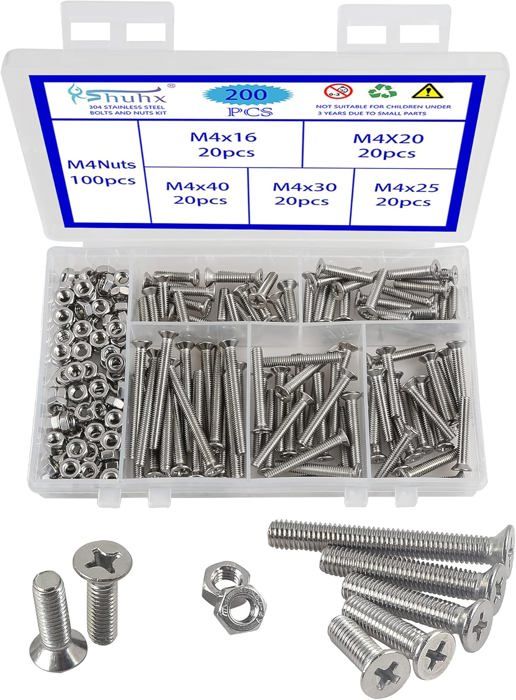 200pcs M4 Boulons et écrous en Acier Inoxydable 304 Croix Vis à Métaux à Tête Fraisée Outils de ...