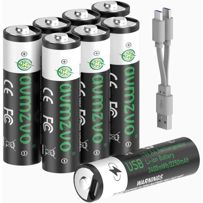Lot de 8 Piles AA Rechargeables 3400 mWh LR6 USB-C Lithium avec câble ...