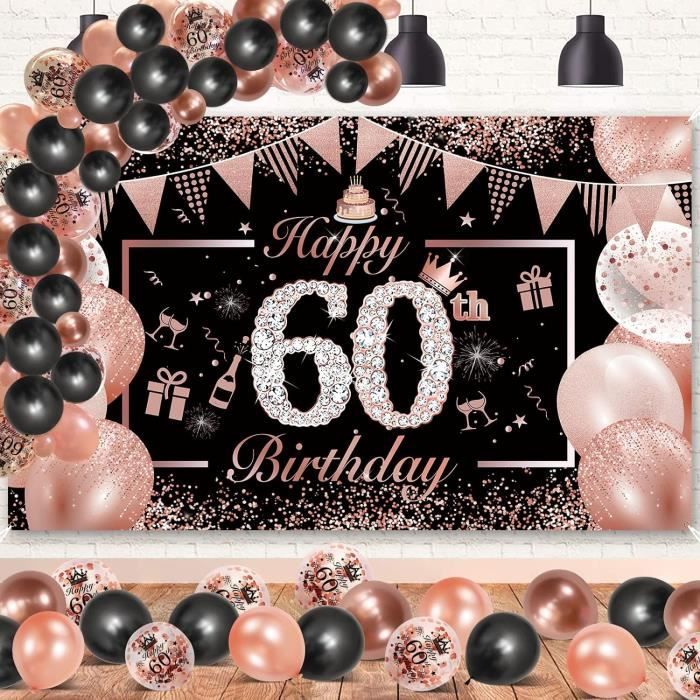 Deco Anniversaire 60 Ans Femme, Noir Or Rose 60 Ans Bannière Décoration ...