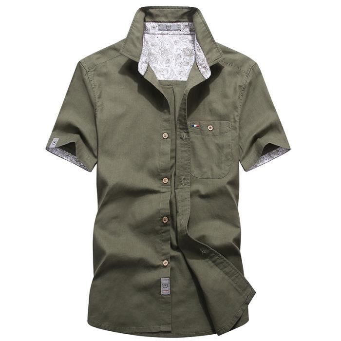 Chemise Homme Manches Courtes en Coton Casual Chemisette Ete Avec Poche ...