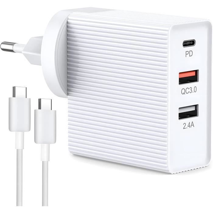 Chargeur Secteur Usb 48W 3 Ports Chargeur Mural Usb Pd+ Qc3.0 + 2.4A Avec Câble De Charge Usb C ...