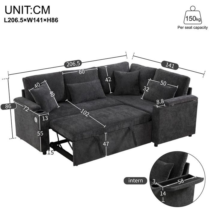 Canapé multifonction en L avec fonction lit extensible, port USB ...