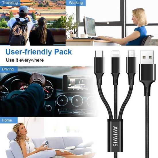 Câble Multi USB, 3 en 1 Multi Chargeur USB Câble en Nylon Tressé avec Micro USB Type C Câble 1.2 ...