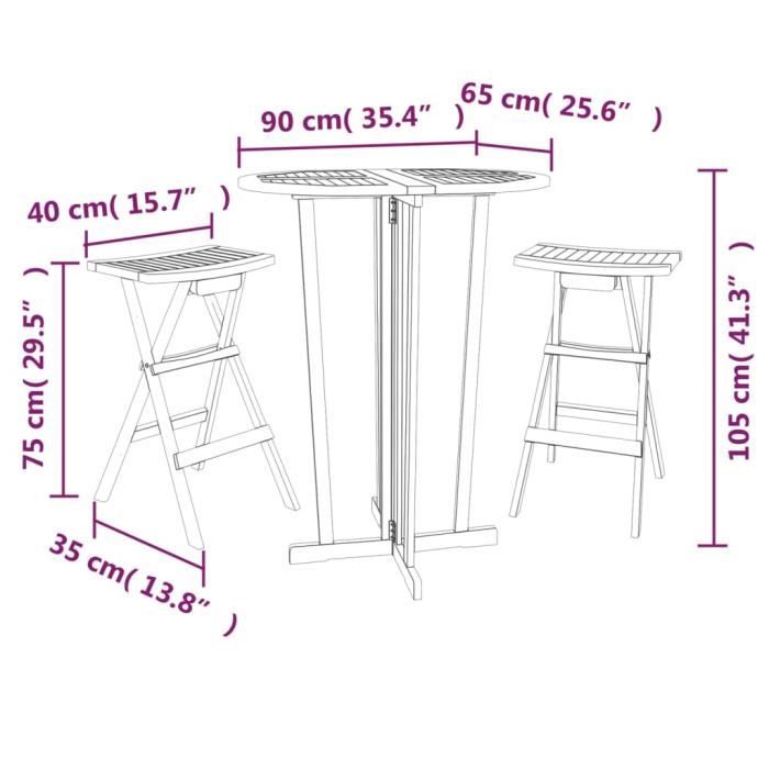 KEENSO Ensemble de bar pliable 3 pcs Bois de teck massif KN005 ...