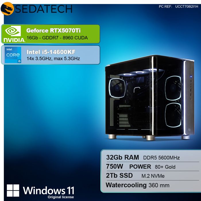 Sedatech PC Gamer Pro Watercooling Aquarium XL • Intel i5-14600KF • RTX5070Ti • 32Go DDR5 • 2To ...