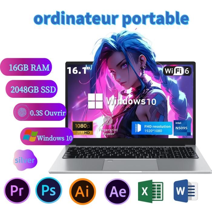 Ordinateur portable Gamer Intel N5095-16.1"FHD-argenté-16GB RAM+128GB HDD+2048GB SDD-Intel UHD ...
