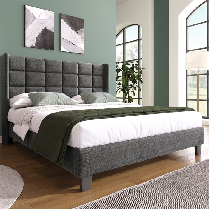 Lit Double Design Moderne 140x200cm - Tête De Lit Rembourrée Et Cadre À ...