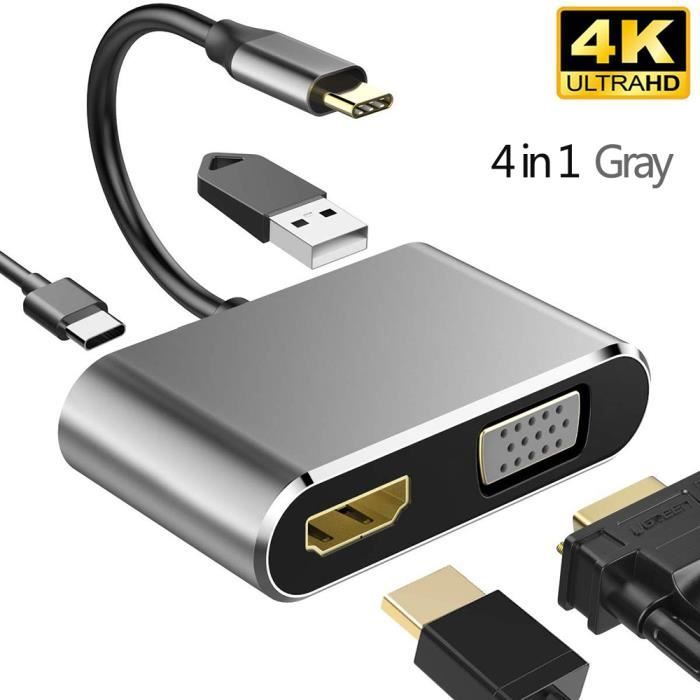 4-en-1 VGA Gris - Adaptateur USB 3.1 type c vers HDMI, RJ45 4K ...